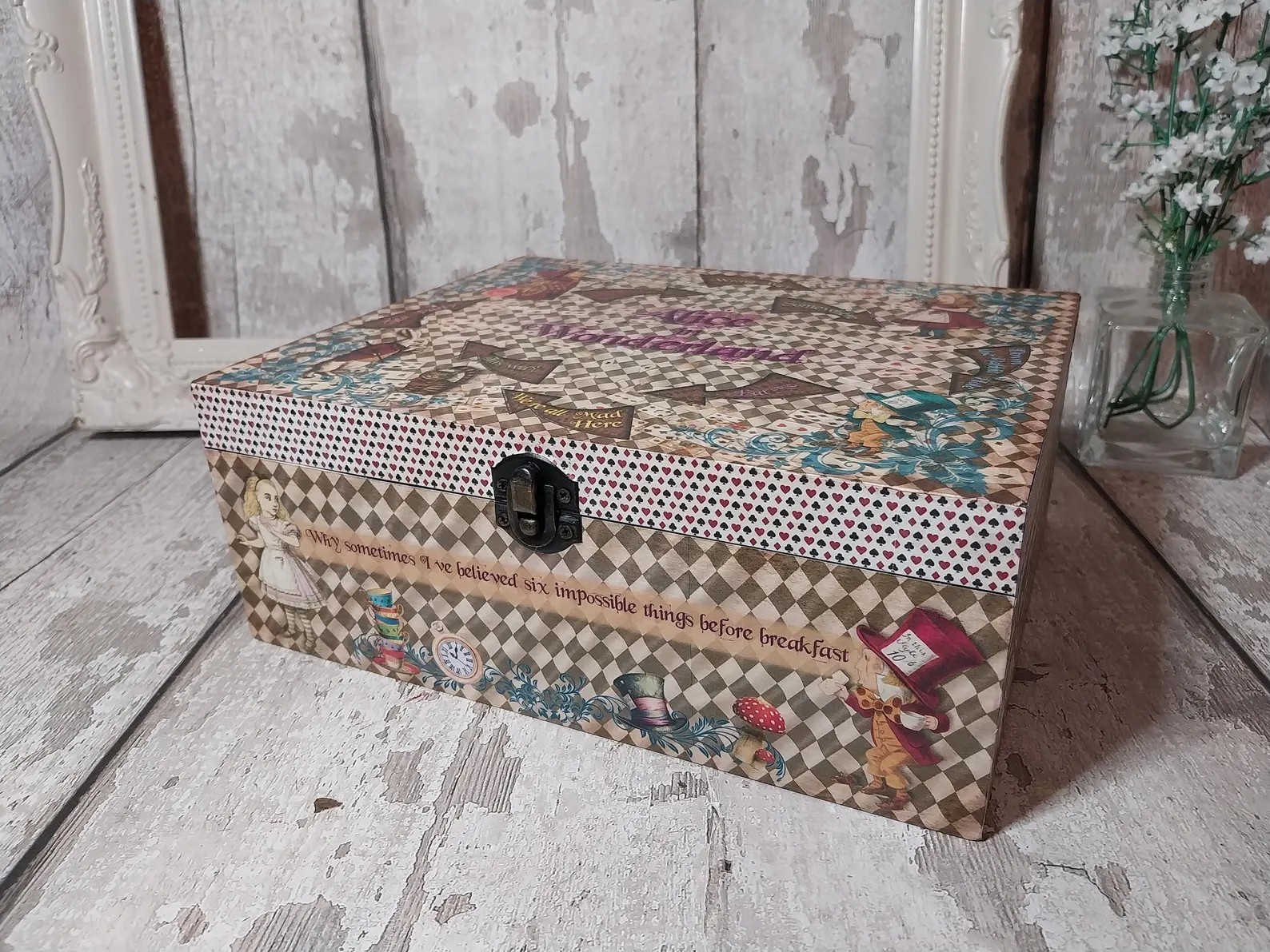 Alice in Wonderland jewellery box. Wooden chest keepsake storage. Mad ...